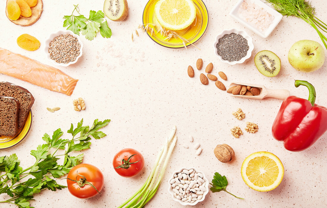 Healthy FODMAP diet food with copy space. Organic fruits, vegetables ...